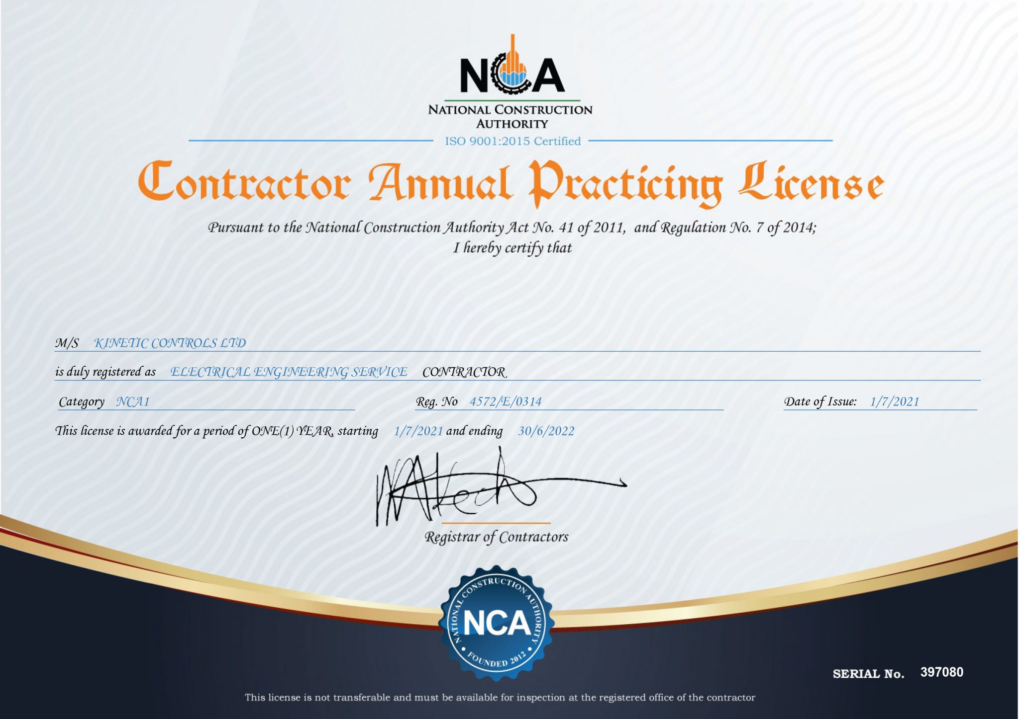 National Construction Authority (NCA) Certifications - kineticontrols